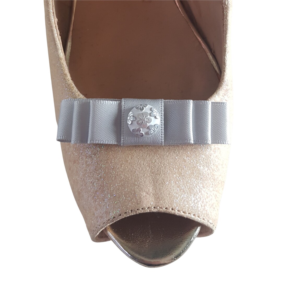 Handmade Small Silver Bow Shoe Clips With Flower Button Centre - Etsy
