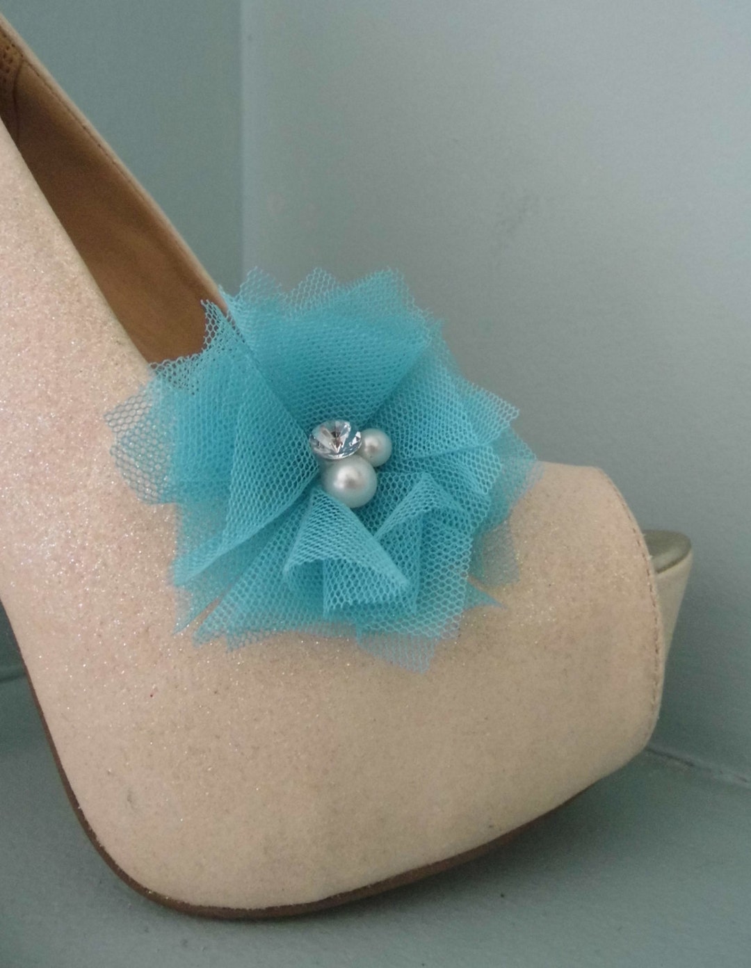 Beautiful Deeree Blue Netted Shoe Clips With Pearl & Diamante Centre - Etsy