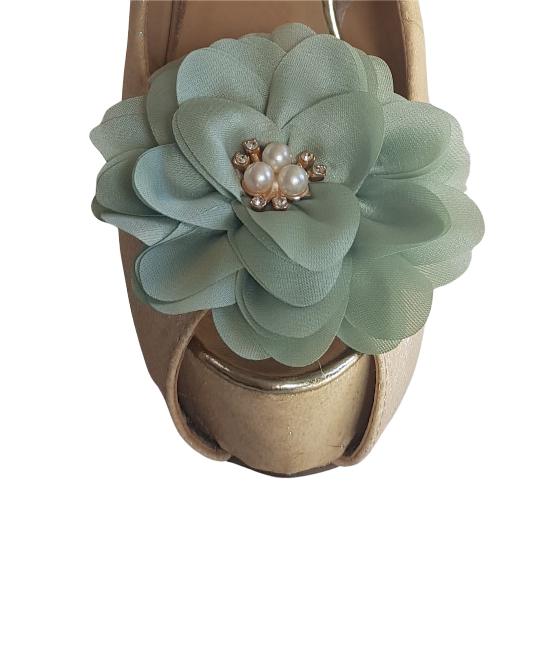 Beautiful Deeree Large Satin Sage Green Flower Shoe Clips With Pearl ...
