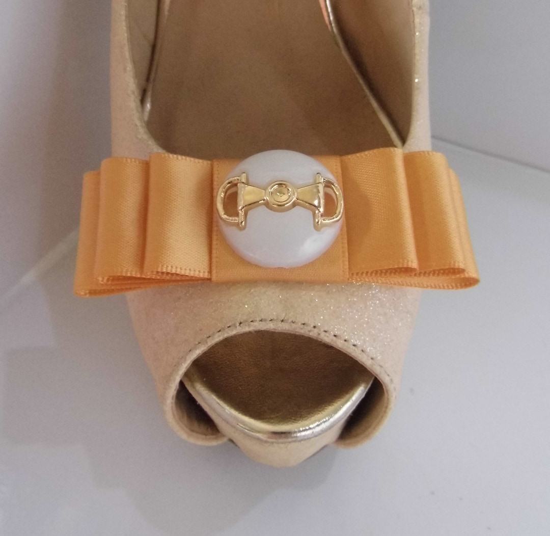 Handmade Warm Gold Bow Shoe Clips With Buckle Style Button Centre - Etsy