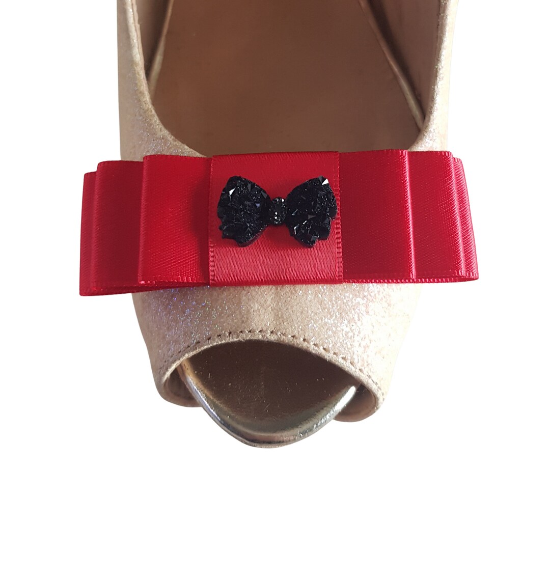 Handmade Red Triple Bow Shoe Clips With Black Glittery Bow Centre - Etsy