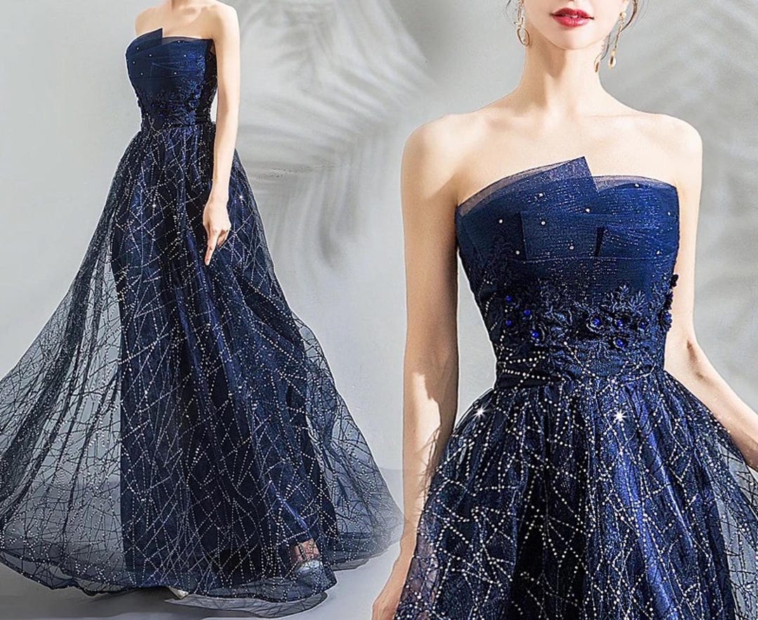 Deep Blue Tube Prom Dress, Tulle Prom Gown, Lace Prom Dress, Cocktail ...