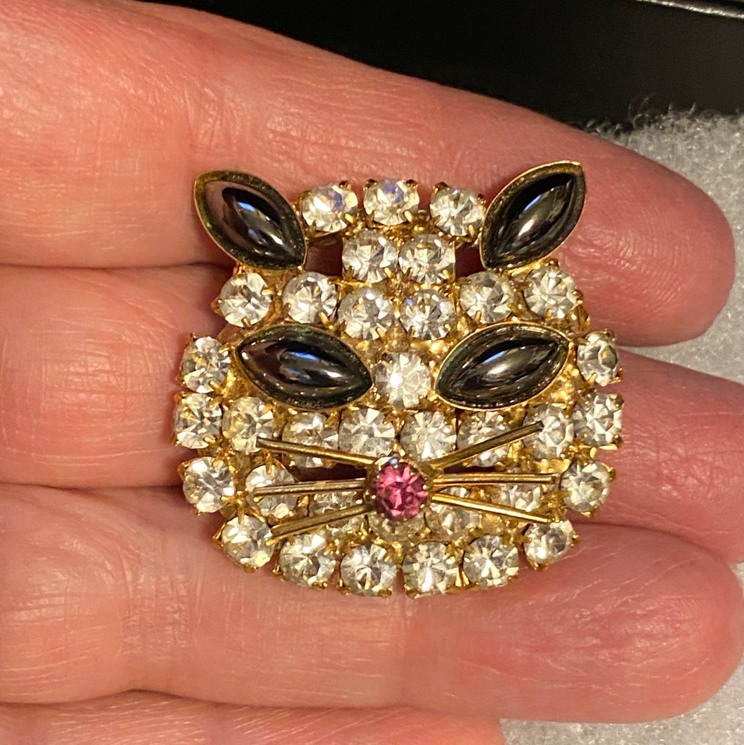 Vintage Cat Face Rhinestone Pin - Etsy