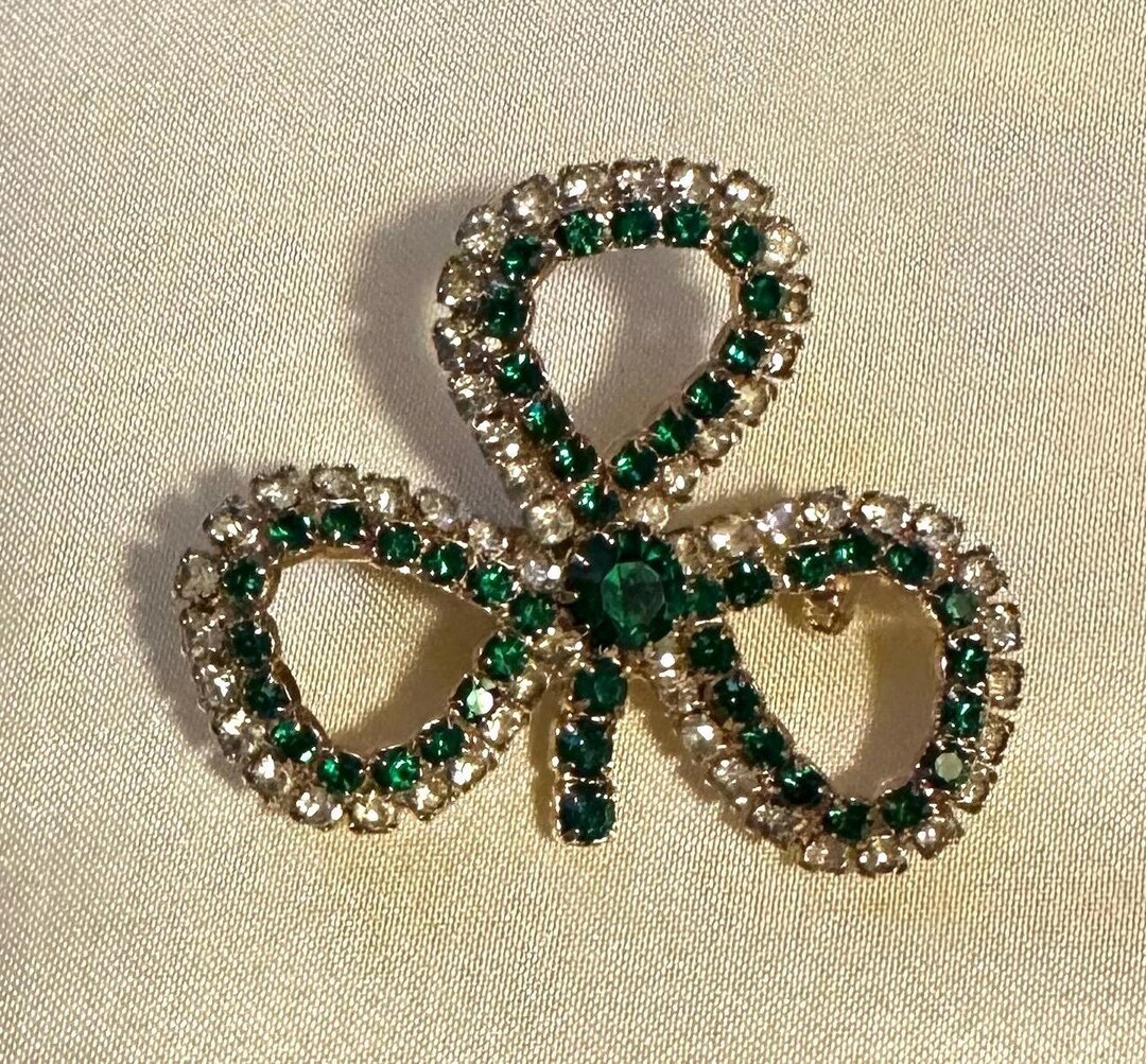 Vintage Green Rhinestone Shamrock Clover Pin Brooch - Etsy