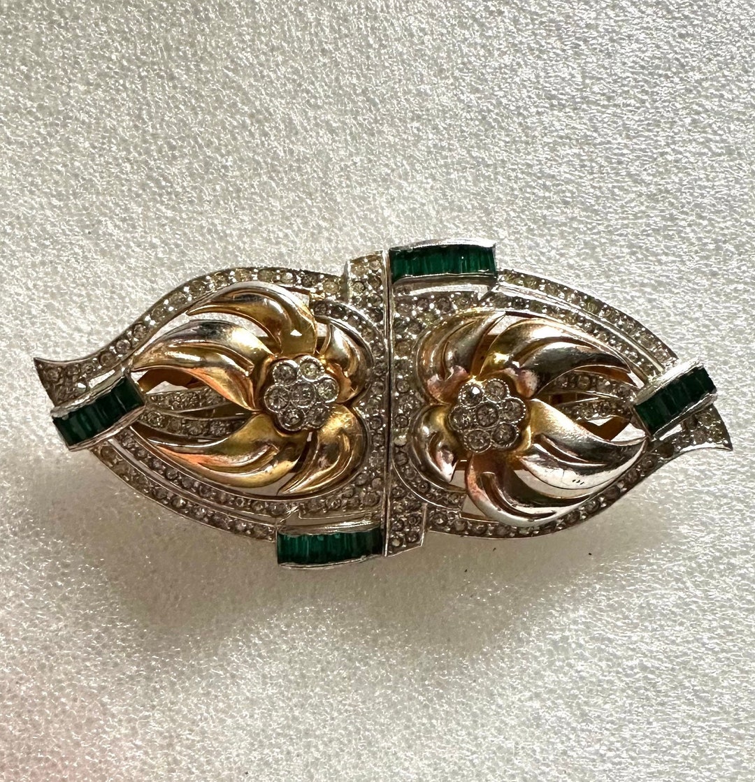 Vintage Art Deco Floral W/ Clear & Green Rhinestones Duette Brooch - Etsy