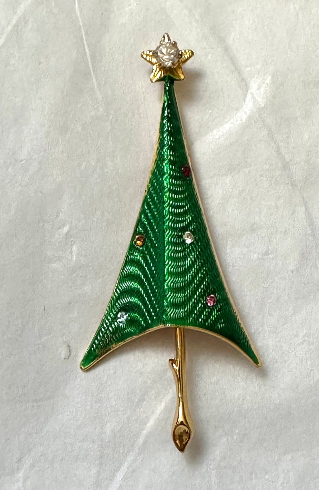 Vintage Cerrito Christmas Tree Pin Gold Green W/ Rhinestones - Etsy