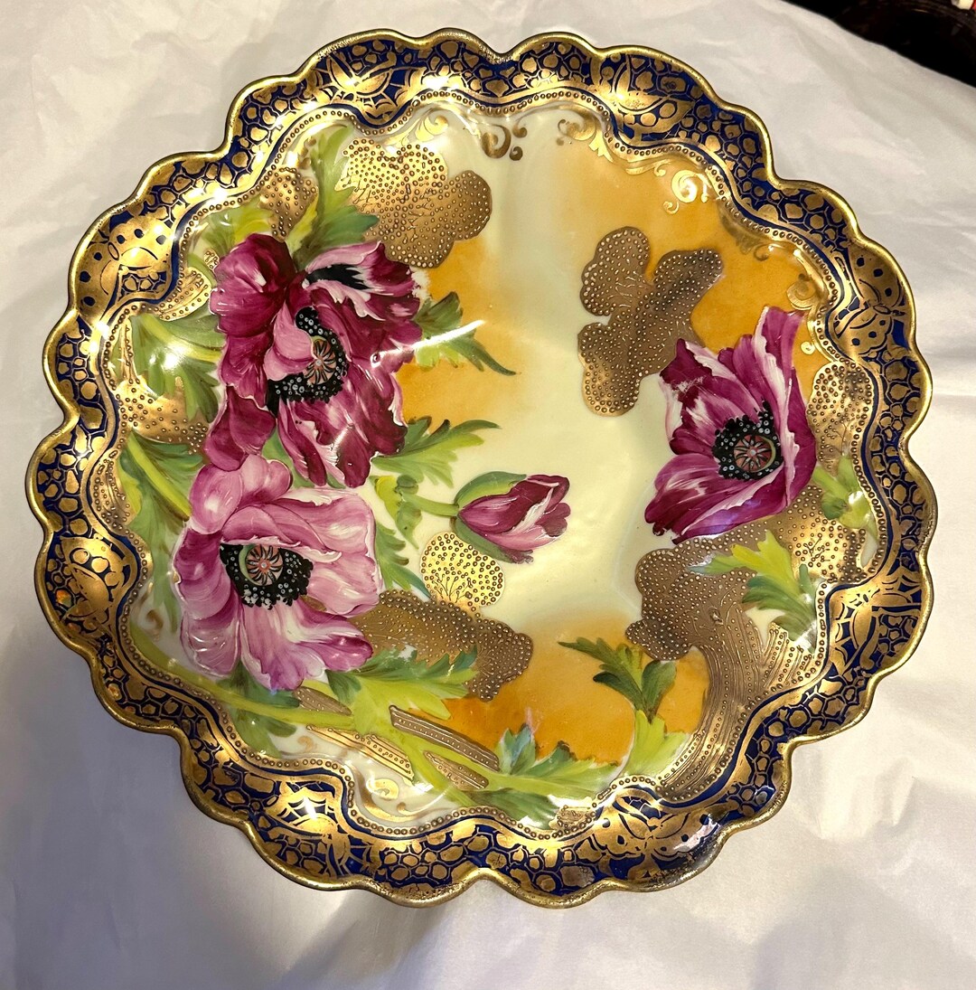 Antique Nippon Porcelain Bowl Poppy Flowers Pink Fuschia Gold Beading ...