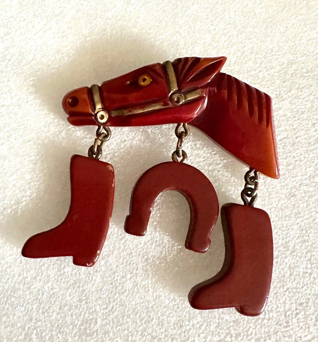 Vintage Cherry Bakelite Brooch Pin Horse Head W/ 3 Dangles Boots ...