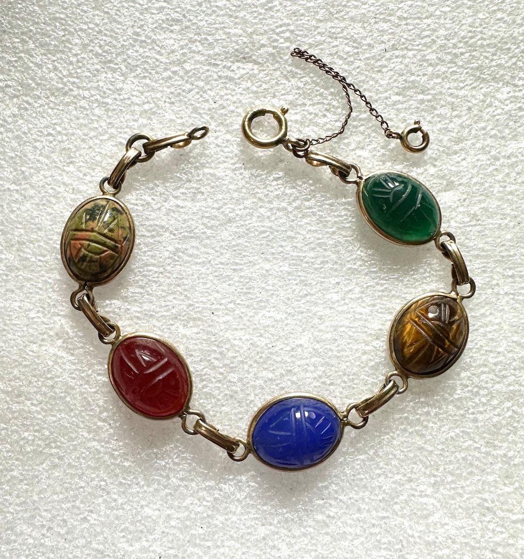 Vintage Genuine Carved Stone Scarab Bracelet 12k GF - Etsy