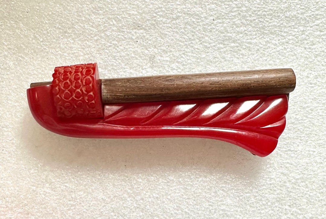 Vintage Carved Red Bakelite and Wood Pin Brooch - Etsy