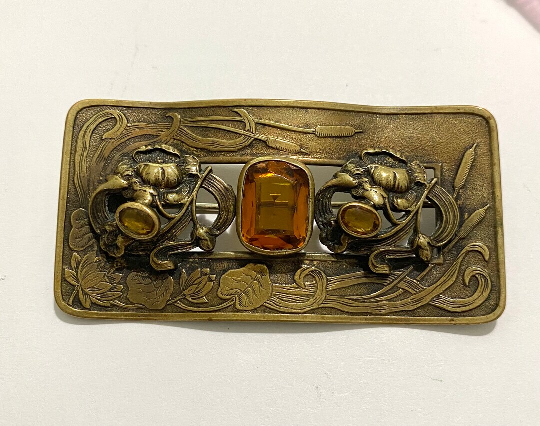 Art Nouveau Victorian Sash Pin Brass Water Lilies Citrine - Etsy