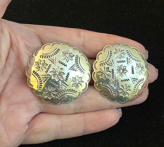 Large Round Navajo Sterling Concho Earrings - Gem