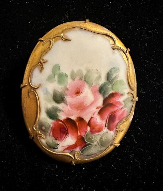 Antique Hand Painted Porcelain Brooch American Western Antique