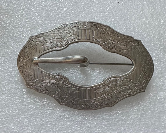 Victorian Silver Buckle Sash Pin Floral Design - Gem