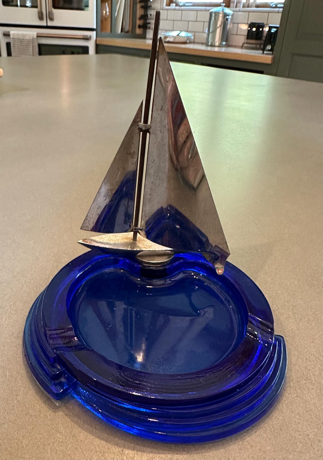 Art Deco Hazel Atlas Cobalt Blue Glass Ashtray W/ Chrome Sailboat - Etsy
