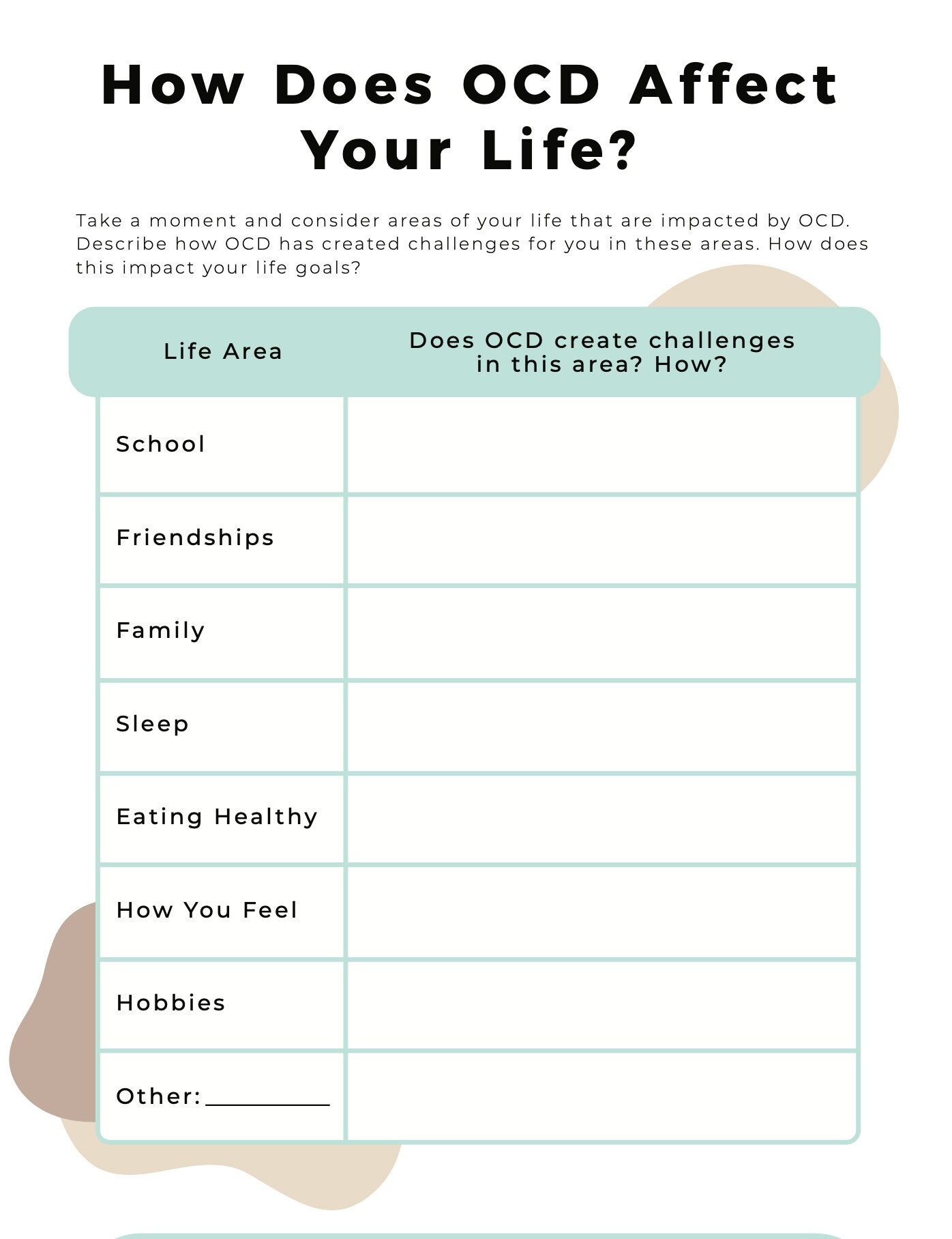 How Does OCD Affect Your Life Worksheet - Etsy