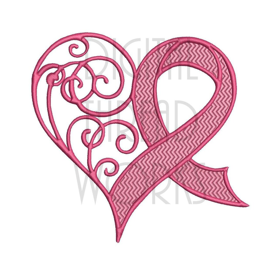 Breast Cancer Awareness Heart Ribbon Embroidery Design for 4x4, 5x7 ...