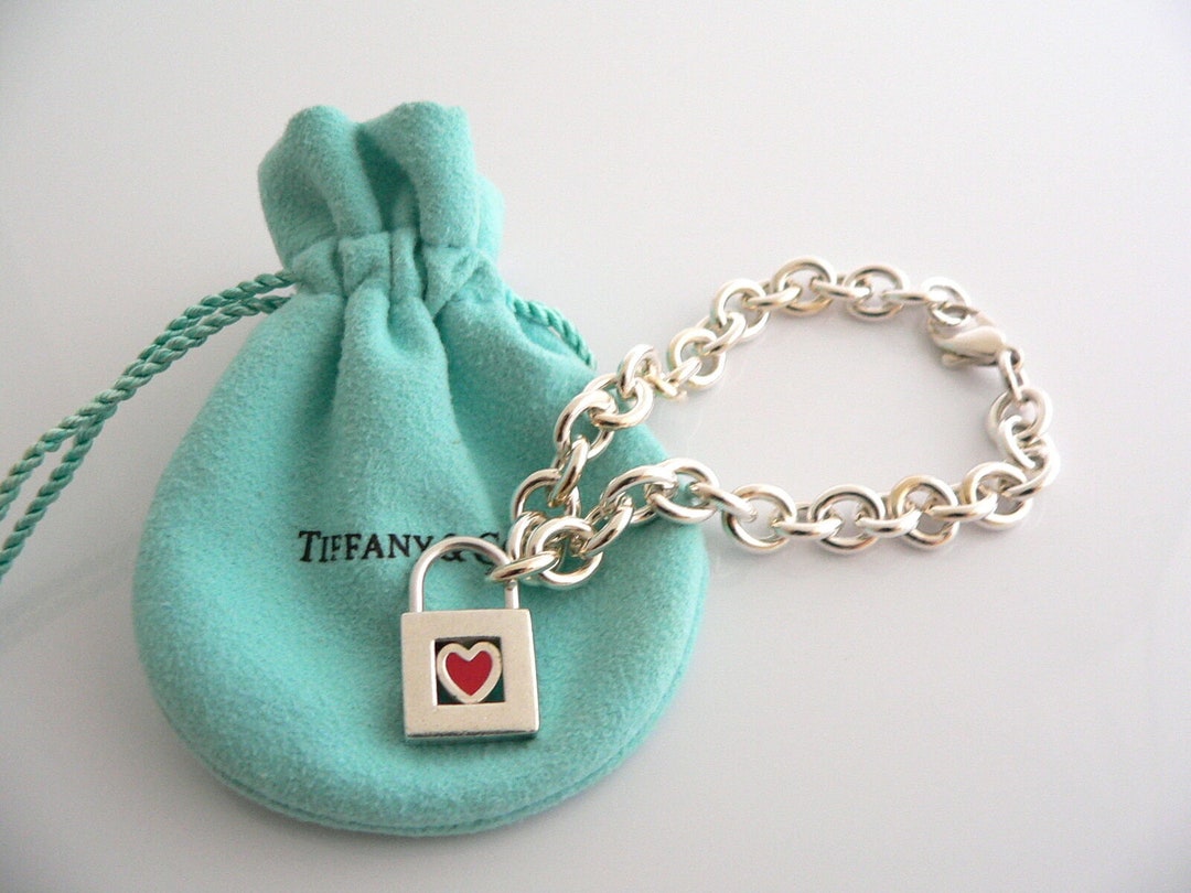 Tiffany & Co Heart Bracelet Love Padlock Red Charm Bangle Gift Pouch ...