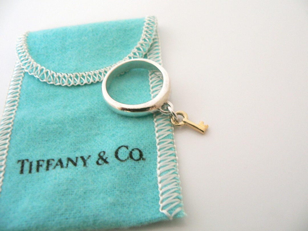 Tiffany & Co Silver 18K Gold Key Dangling Dangle Ring Band Sz 6.75 Gift ...