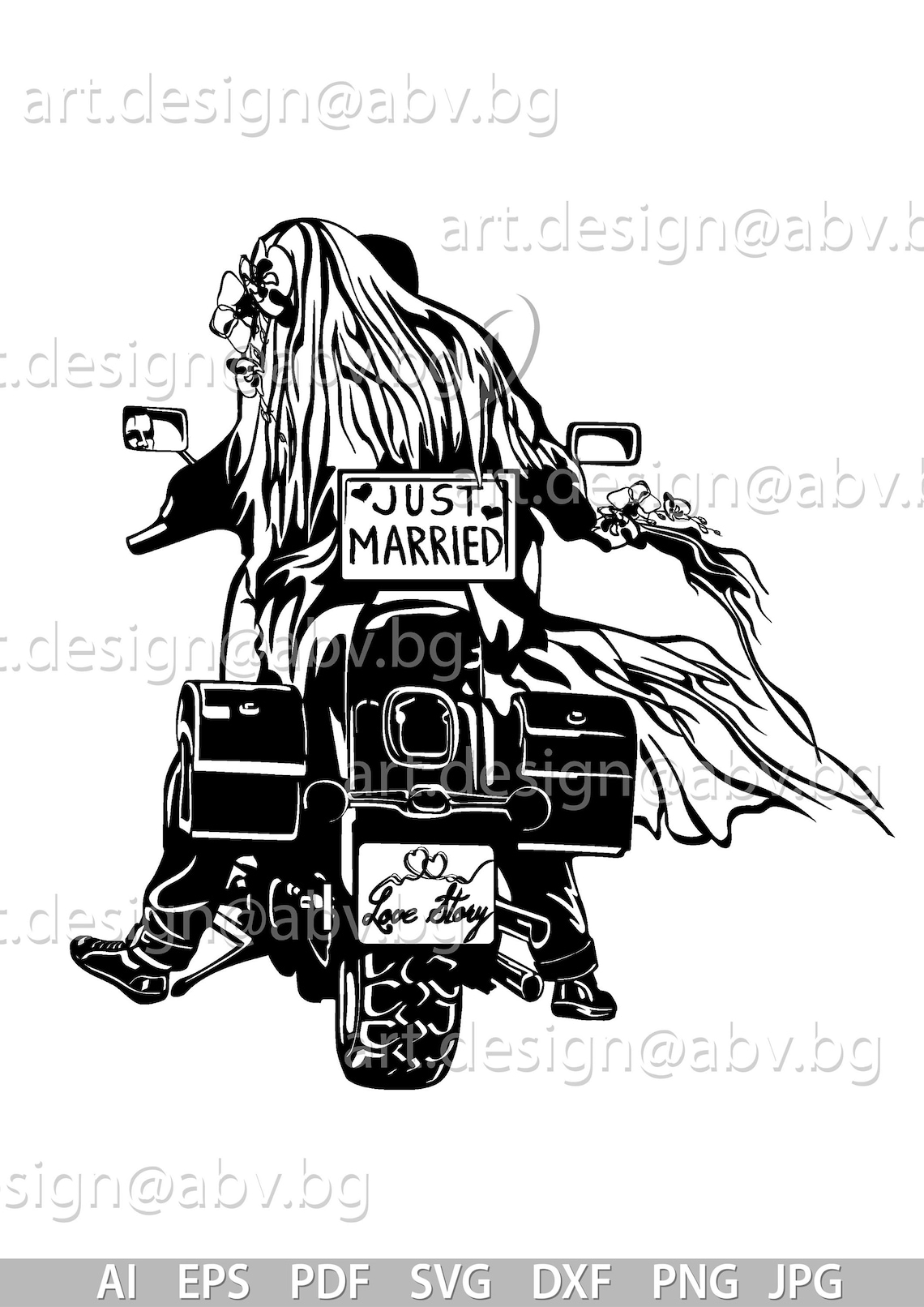 Vector WEDDING MOTORCYCLE, Just Married, Ai, Eps, Pdf, PNG, Svg, Dxf ...