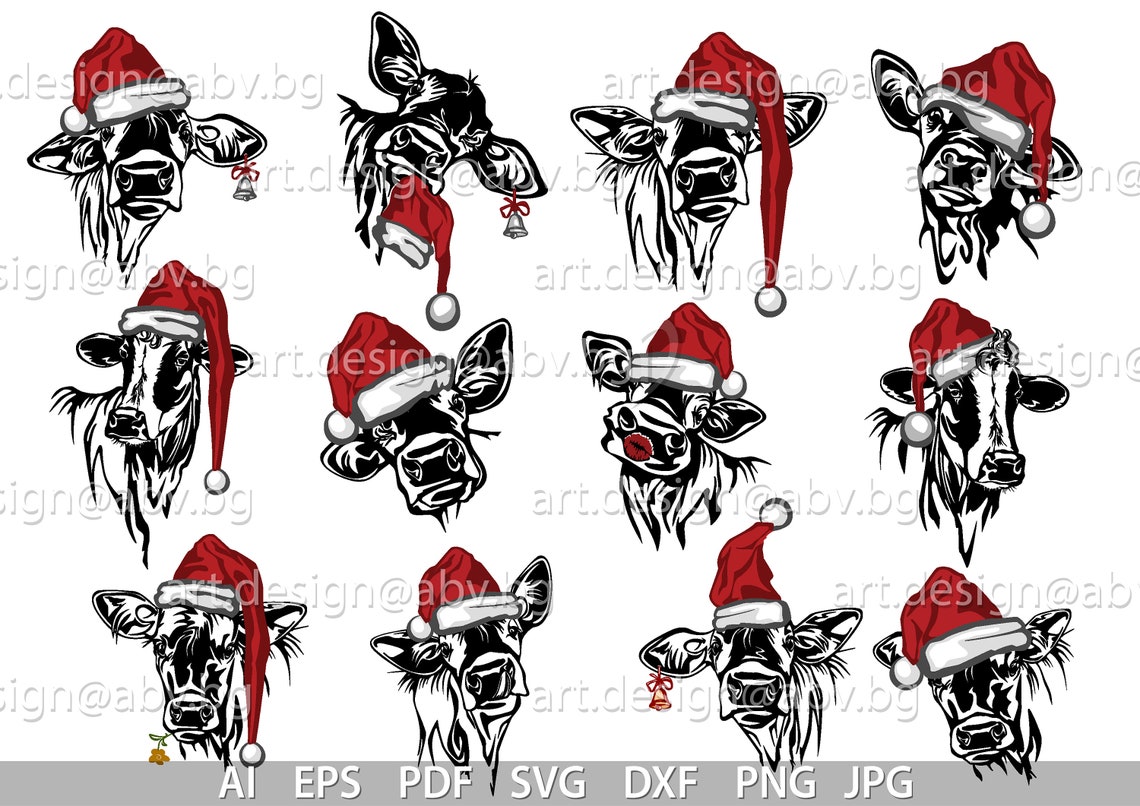Vector 12 COWS With Christmas Hat Svg Pet Head AI PNG Eps Pdf | Etsy