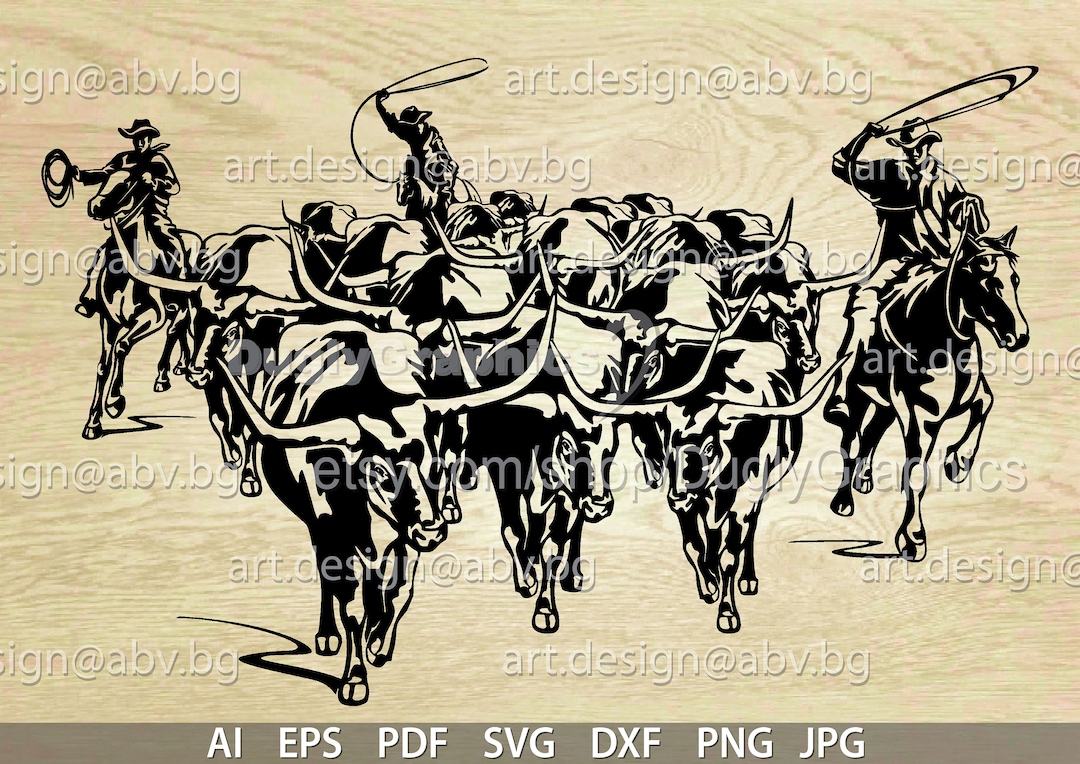 Vector CATTLE DRIVE, Cowboys With a Herd of Cattle, Neat, Ox, AI, Png ...