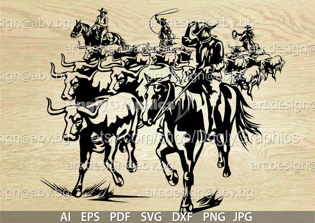 Vector CATTLE DRIVE, Cowboys With a Herd of Cattle, Neat, Ox, AI, Png ...