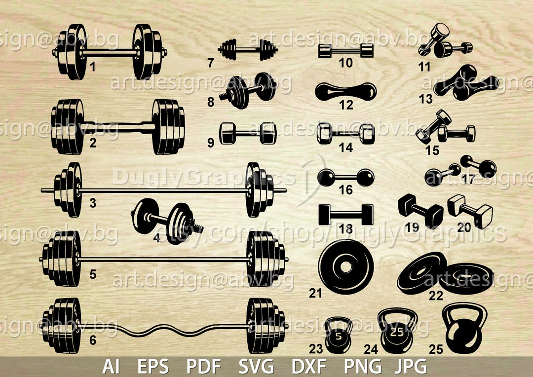 Vector 25 DUMBBELLS and WEIGHTS BUNDLE - Ai, Eps, Jpg, Png, Svg, Dxf ...