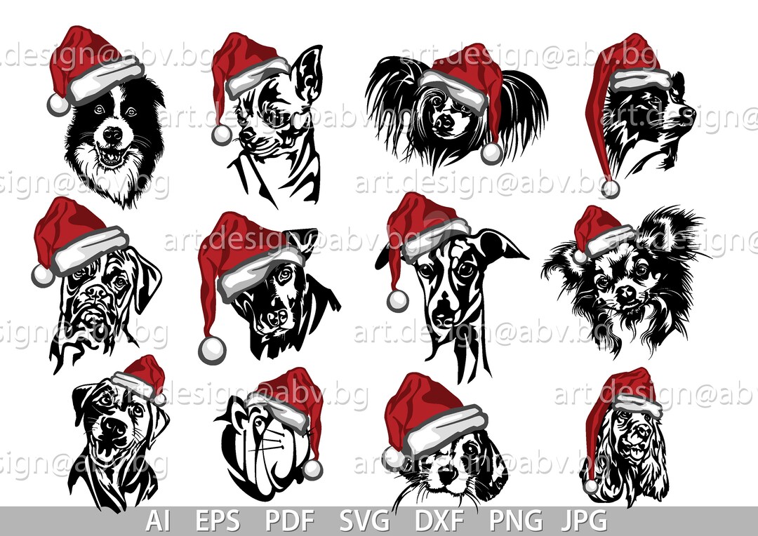Vector 12 DOGS With Christmas Hat, Svg Pet Head, AI, PNG, Eps, Pdf, Svg ...