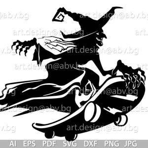 Vector WITCH on SKATEBOARD, Halloween, Svg, Ai, Eps, Pdf, Dxf, PNG, Jpg ...