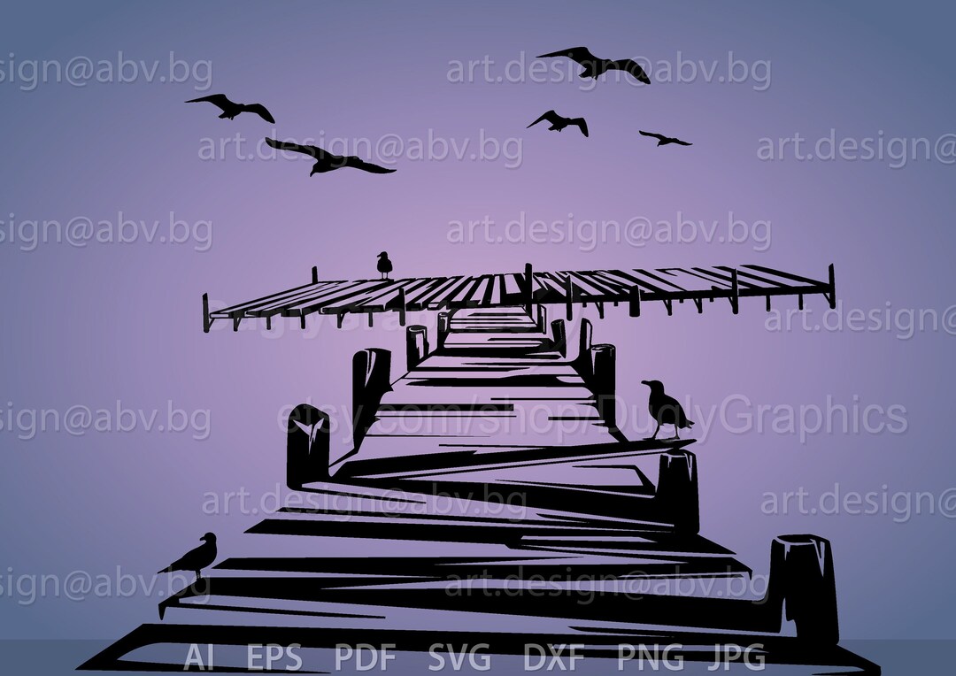Wooden Quay Vector Image: Sunset Birds Graphic (digital Download) - Etsy