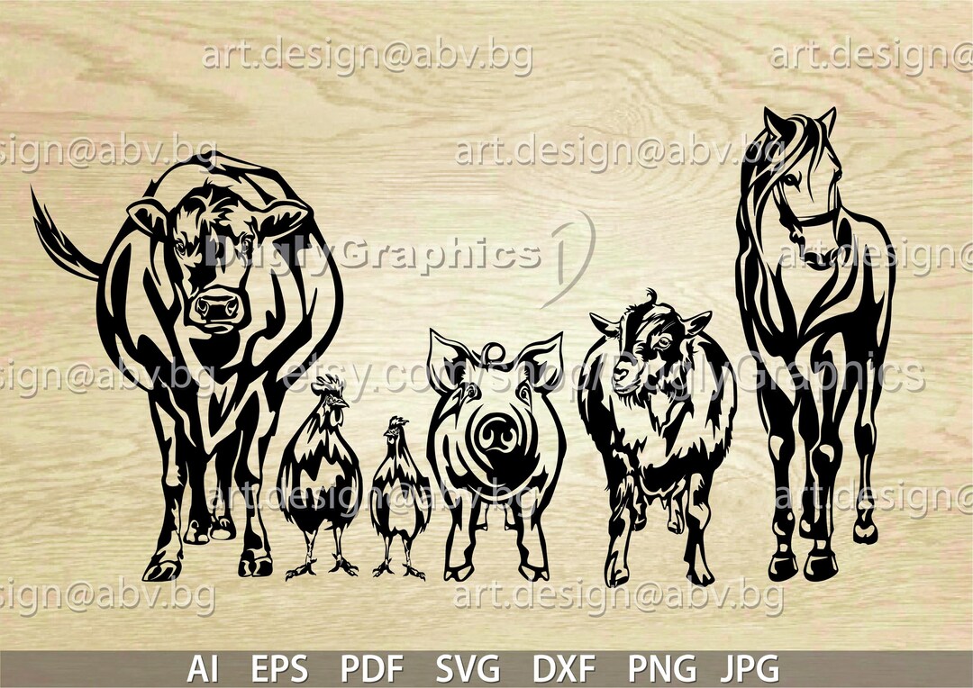 Animal Farm Vector Art: Cow, Rooster, Pig, Goat, Horse (digital ...