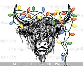 BUFFALO Highland Cow Svg Head Whit Cristmas Hat,svg,ai,png,pdf,dxf,eps ...