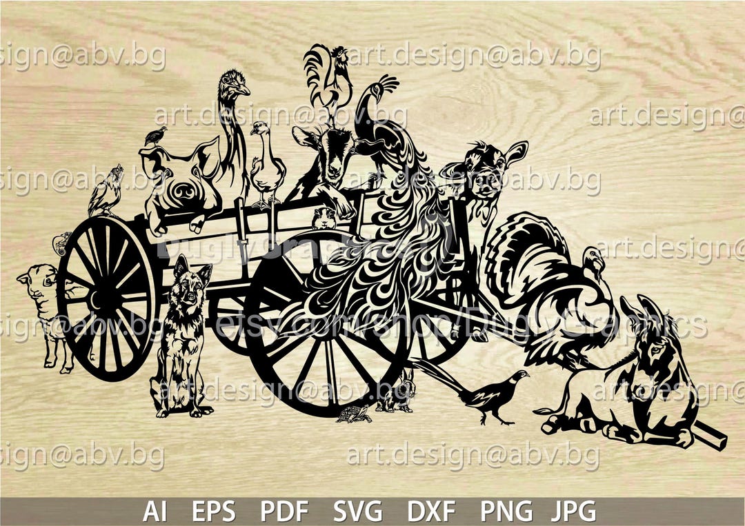 Vector ANIMAL FARM, Vagon, Dog, Cow, Pig, Goat, Donkey, Sheep, Emu ...