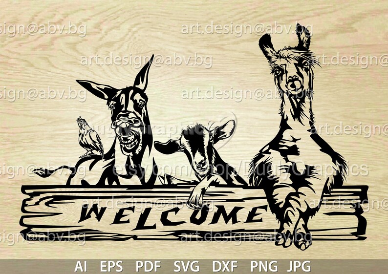 Animal Farm Vector Graphic: Welcome Sign, Donkey, Goat, Llama (digital ...