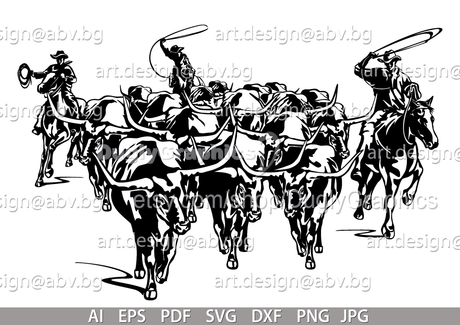 Cattle Drive Vector Art: Cowboys Herding Cattle (digital Download) - Etsy