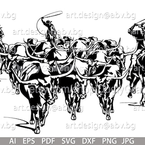 Cattle Drive Vector Art: Cowboys Herding Cattle (digital Download) - Etsy