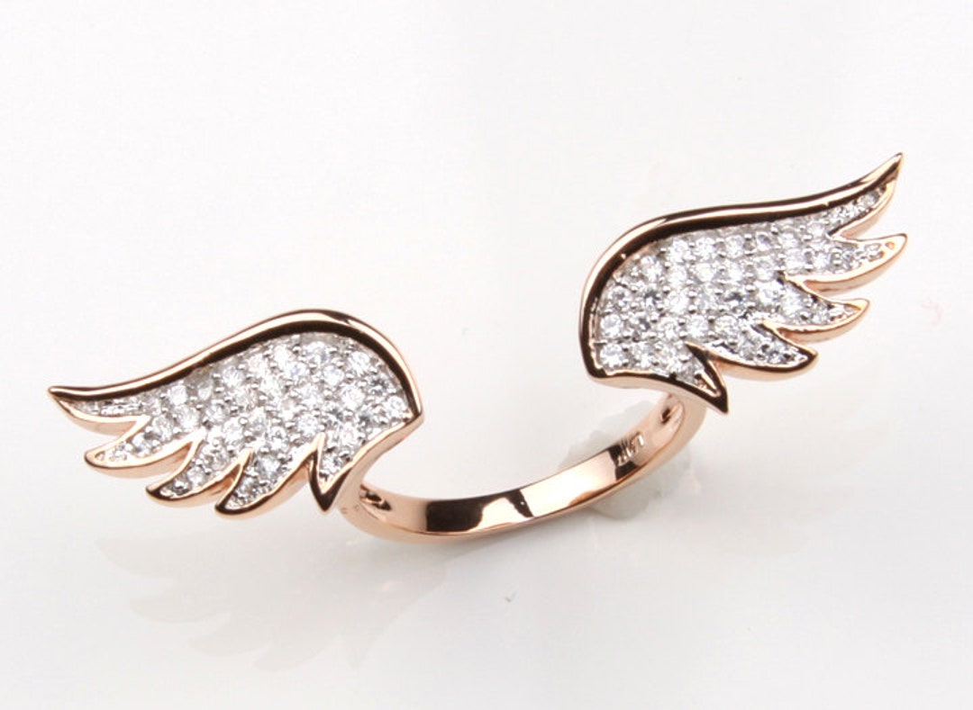 Pave CZ Angel Wings Ring-angel Wing Open Ended Ring-double Feather Ring ...