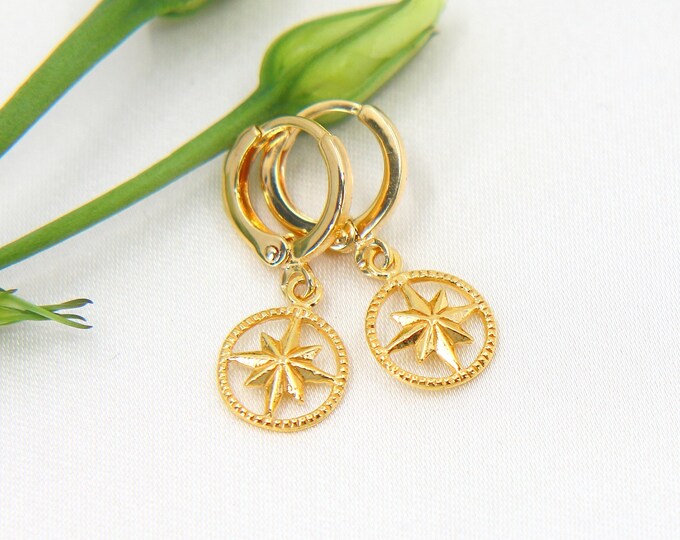 Small Hoop Earrings, Gold Starburst Compass Earrings, Dainty Gold Hoop ...