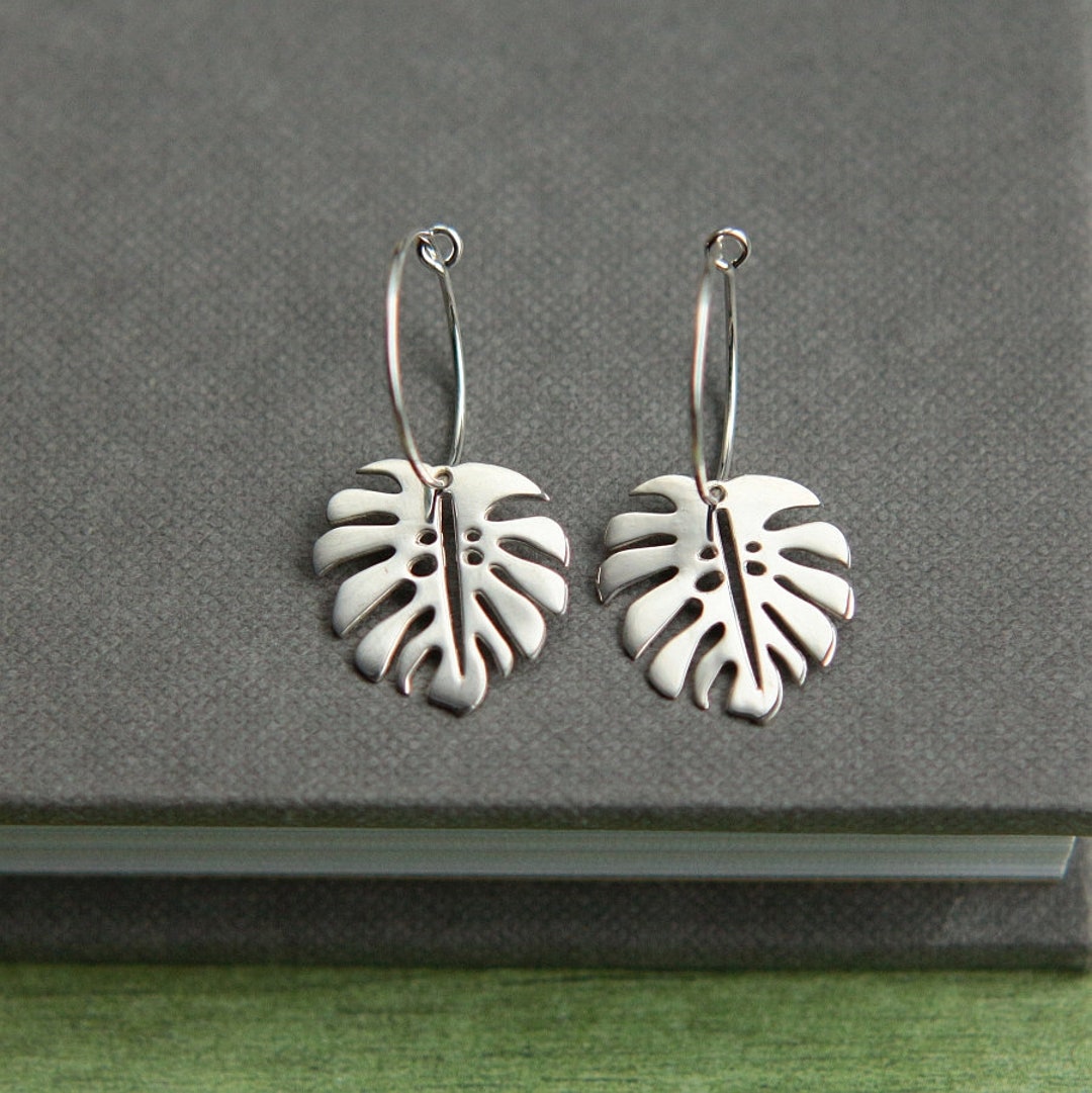 Monstera Hoop Earrings, Tropical Leaf Hoop Earrings, Monstera Leaf ...