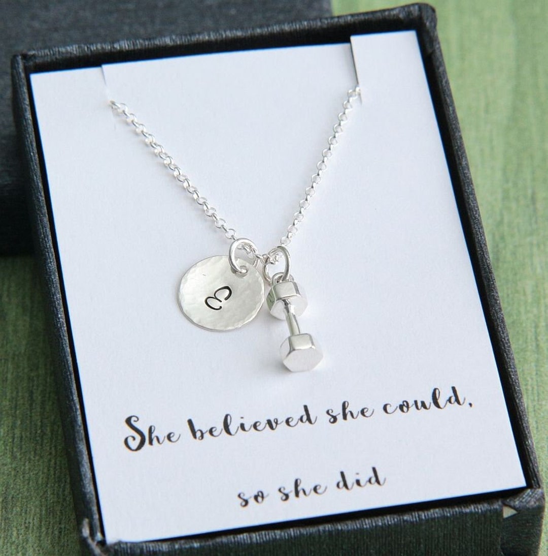 Personalized Sterling Silver Dumbbell Necklace, Initial Charm, Crossfit ...