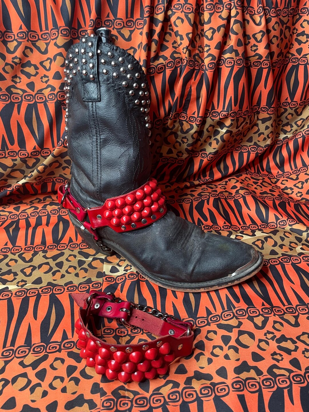 RED Set of BOOTSTRAPS With Red CONE Studs and Silver Hardware Punk Handmade - Etsy