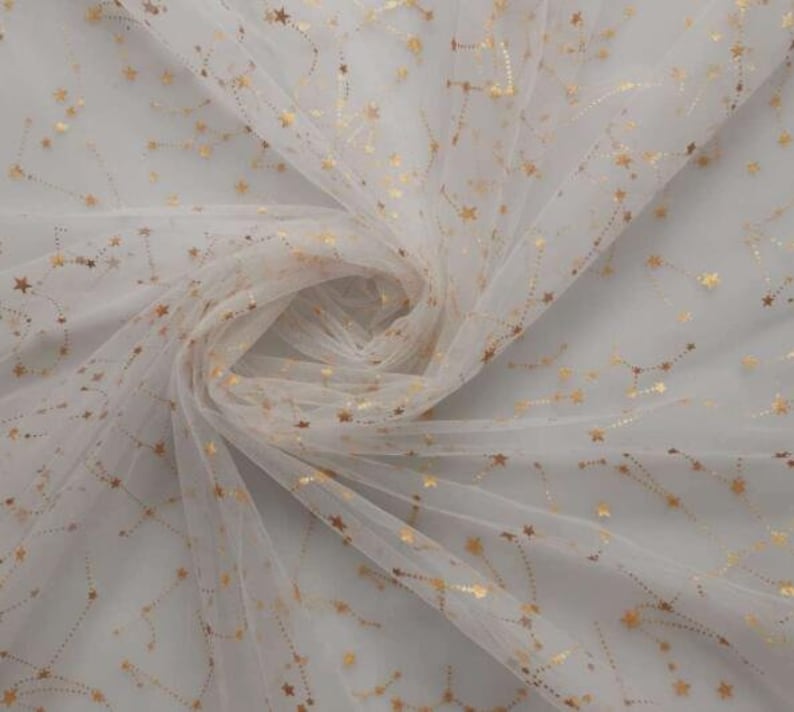 Glitter Print Gold Star Constellation off White Black Tulle Lace Fabric ...