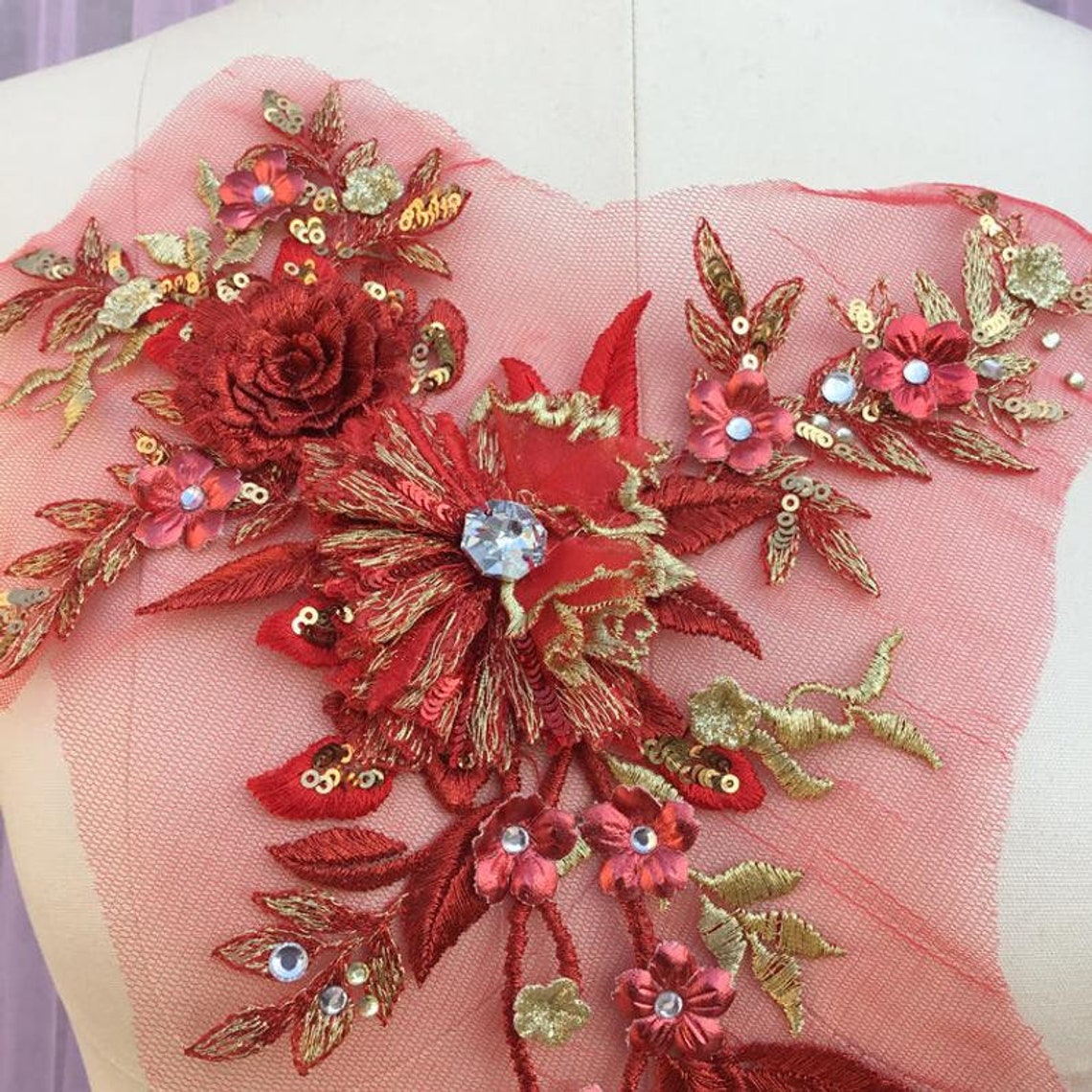 3 Colors Blue Gold Red Applique Rhinestone Sequins 3D Flower - Etsy