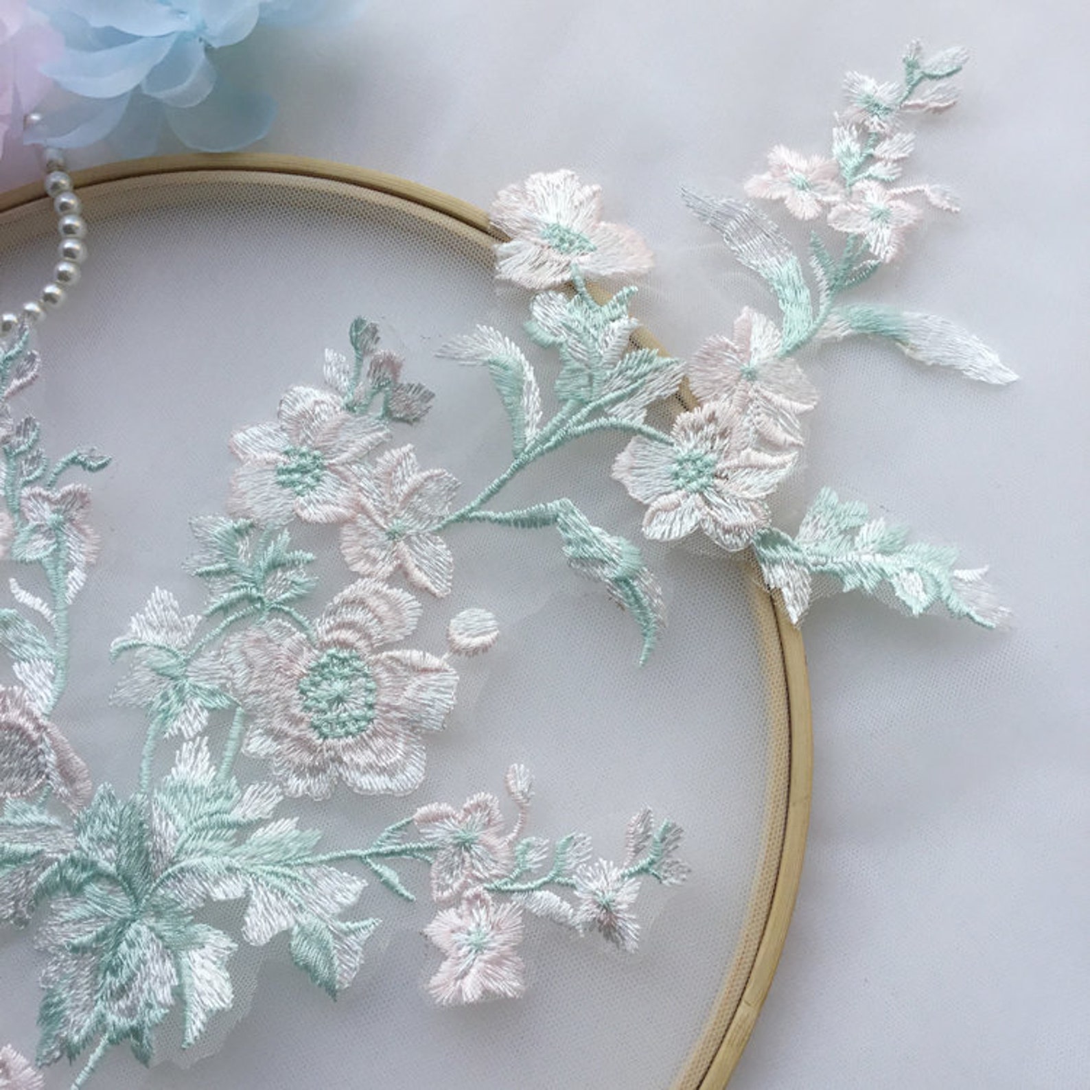 1pc Pink Green Flower Lace Super Luxury Lace Appliques Exquisite for ...
