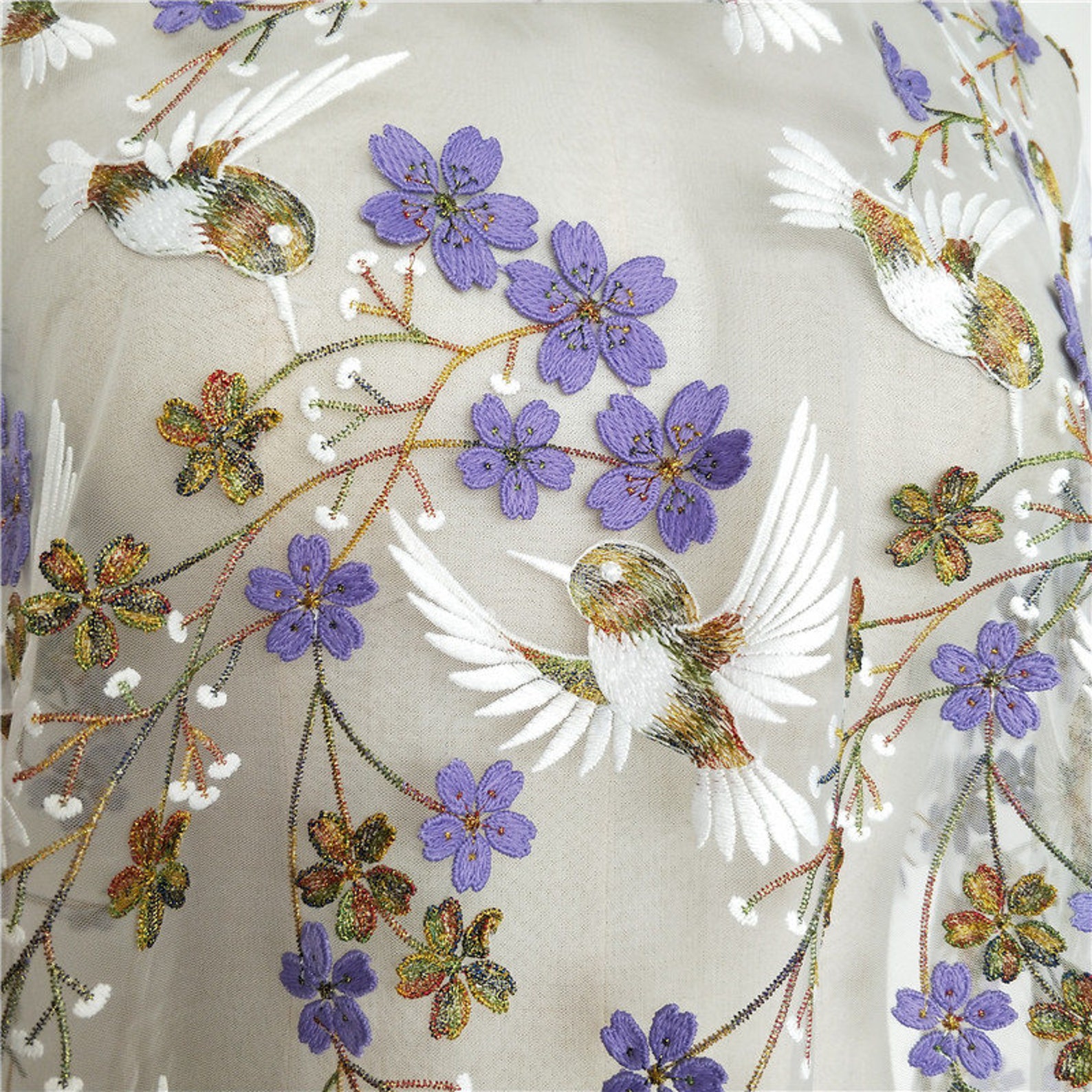 Birds Purple Flower Lace Fabric Mix Color Floral Embroidery - Etsy