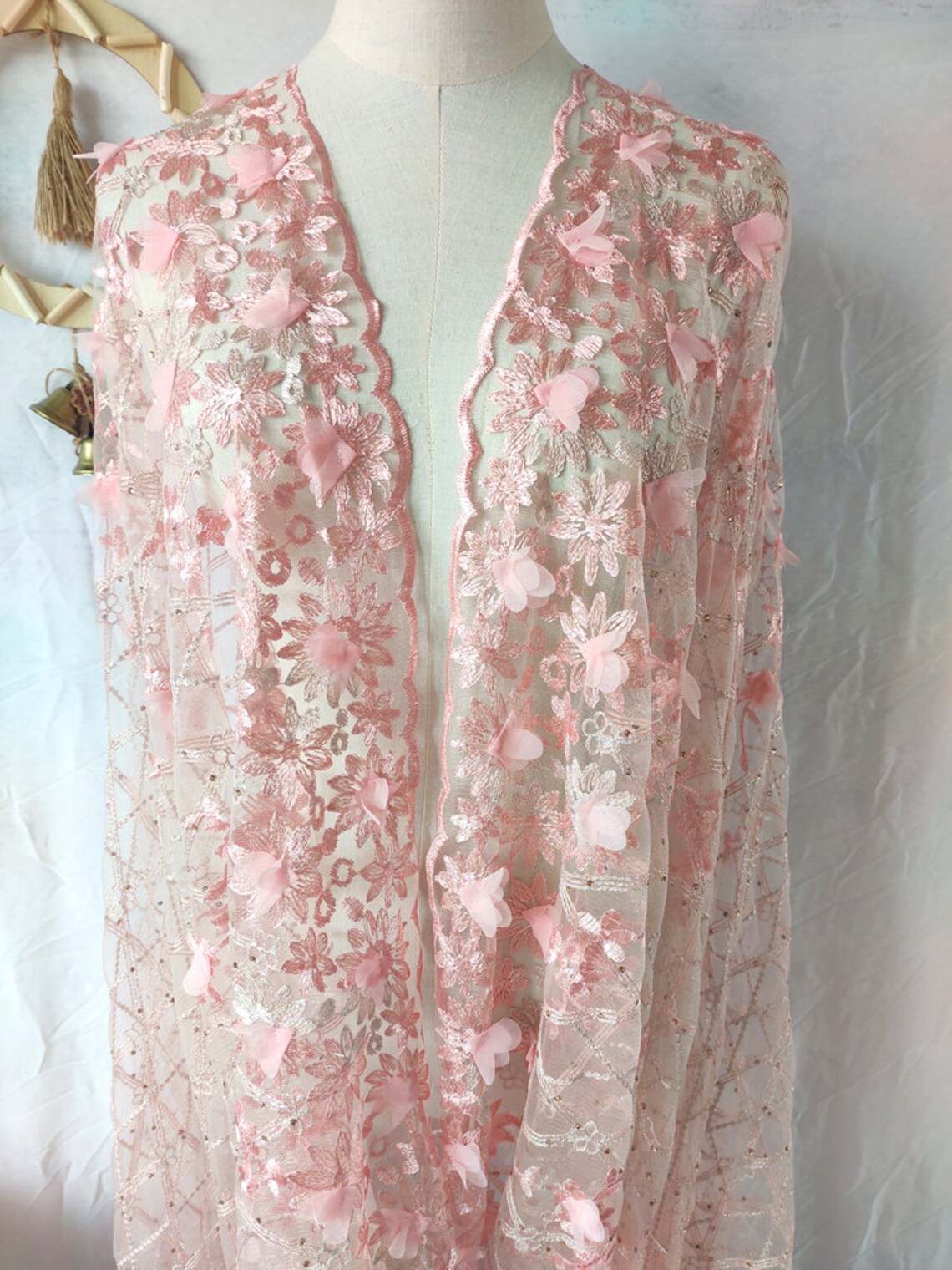 Lace fabric pink mesh luxury 3D flower bead pearl mesh | Etsy