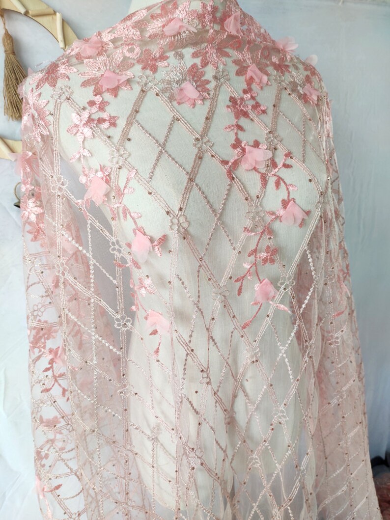 Lace Fabric Pink Mesh Luxury 3D Flower Bead Pearl Mesh - Etsy
