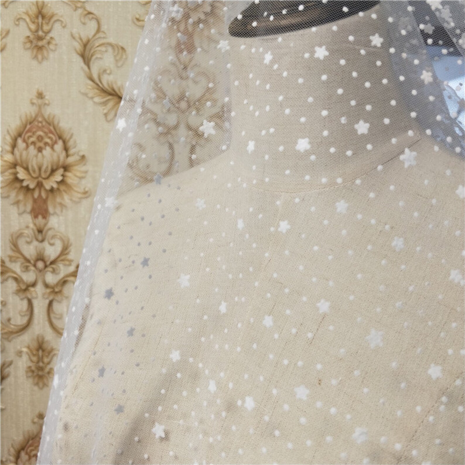 Pure White Flocking Star Tulle Lace Fabric Flower Alencon Alice Tulle ...