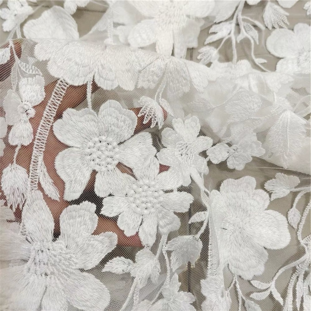 White Floral Embroidery Lace Fabric Tulle Embroidered for Bridal Lace ...